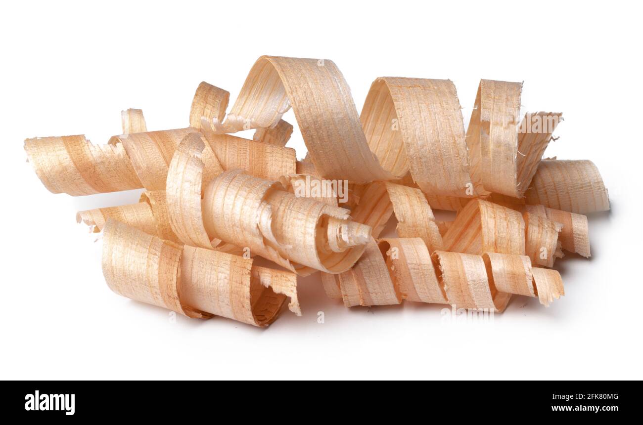 Wood shavings isolated on white background Stock Photo - Alamy