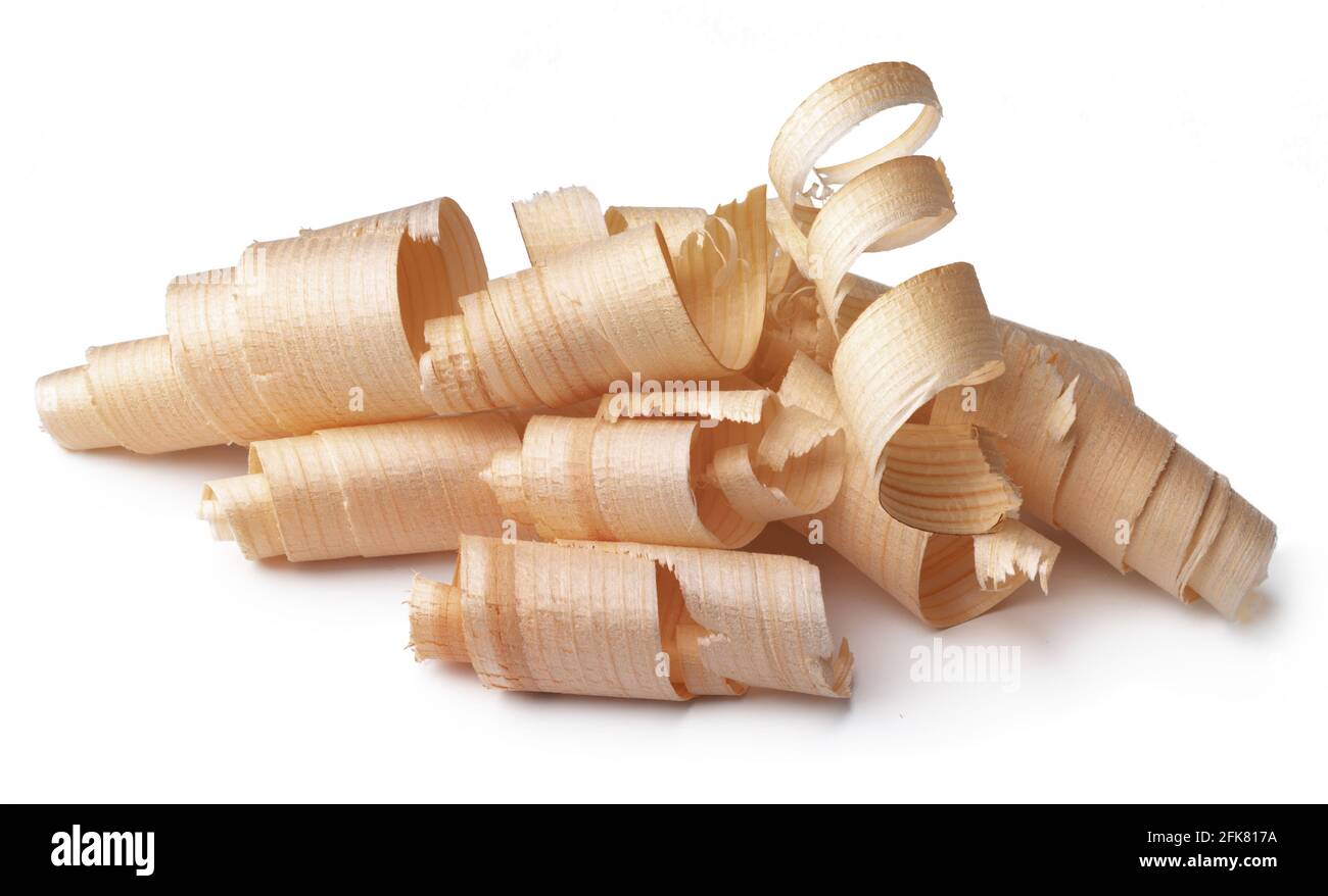 Wood shavings isolated on white background Stock Photo - Alamy