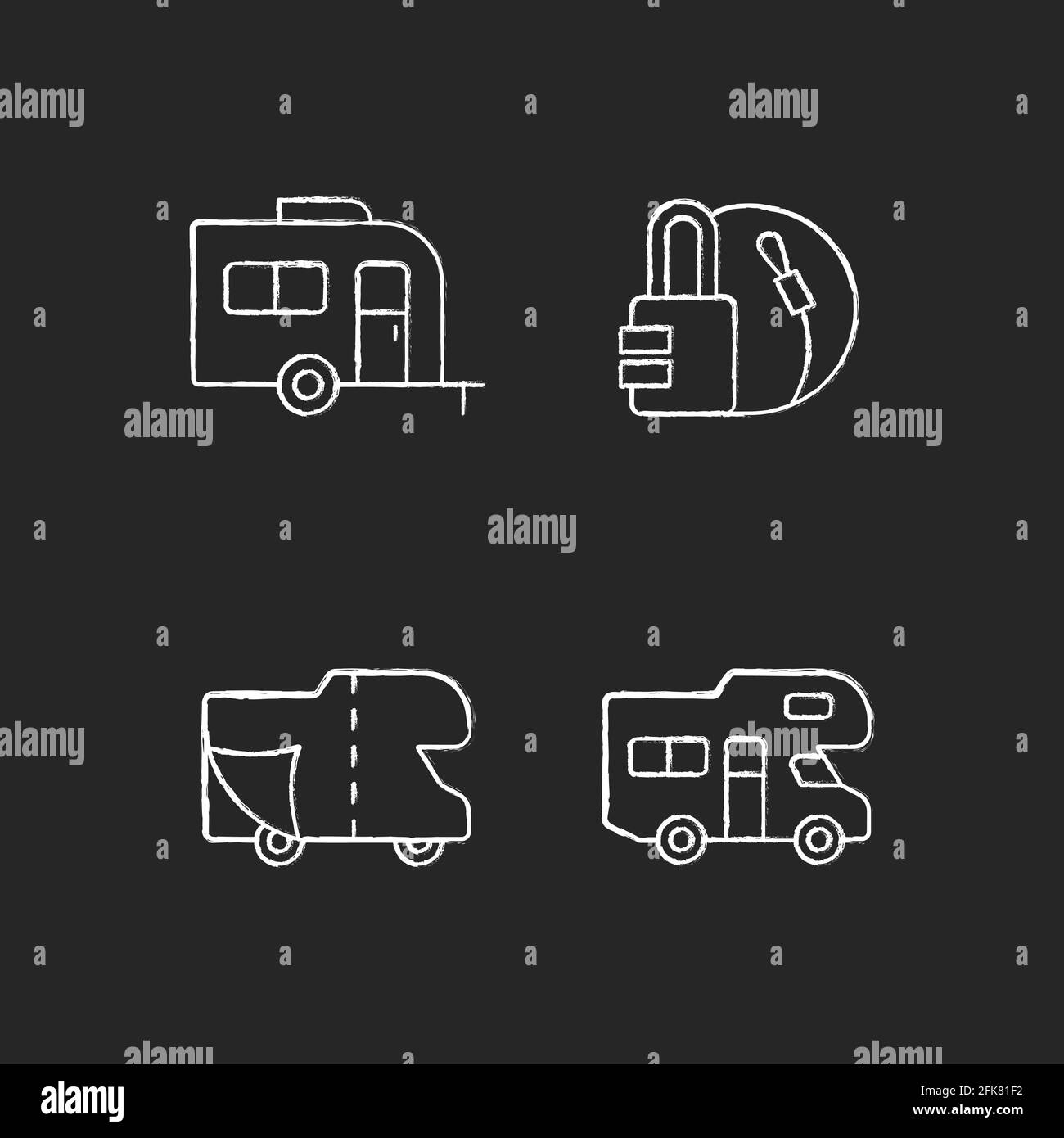 Trailer for van lifestyle chalk white icons set on black background ...