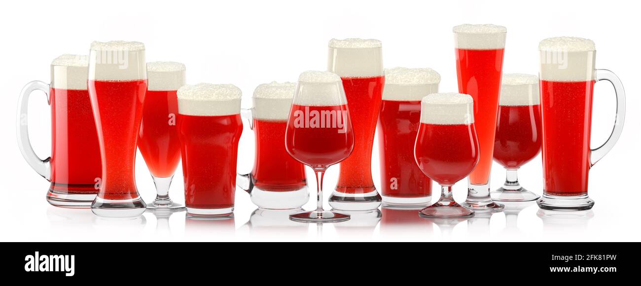 Set of fresh draft beer glasses with bubble froth isolated on white ...