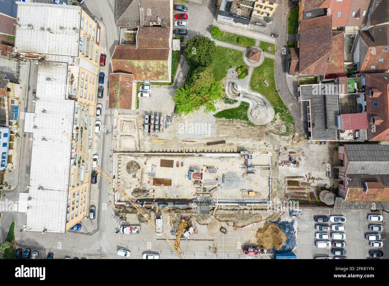 Really high shot of a urban development in it's foundation laying stage ...
