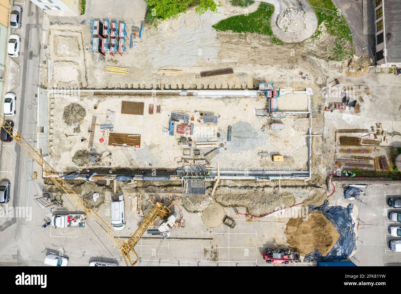 Top Down view of large building's construction site take by a drone ...
