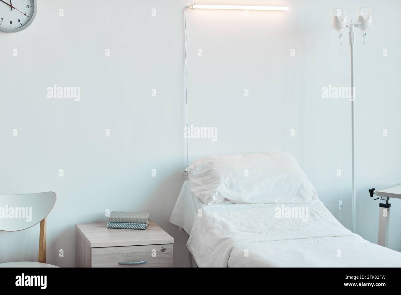 Background image of white hospital room with empty bed and medical ...