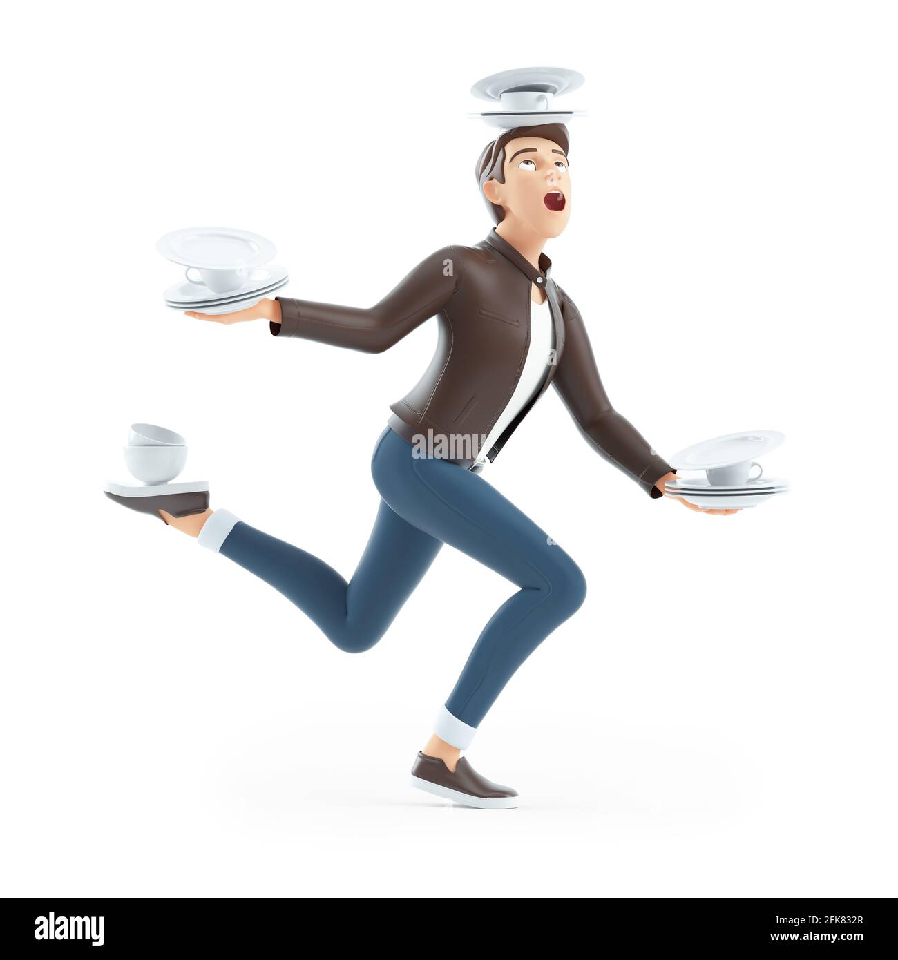 3d cartoon man balancing on one leg with tableware, illustration ...