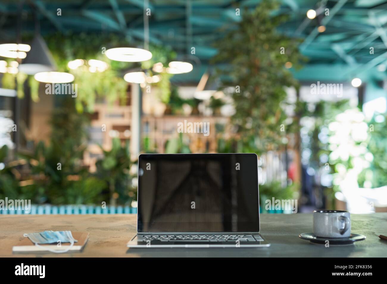 Front view background image of opened laptop with blank screen in ...