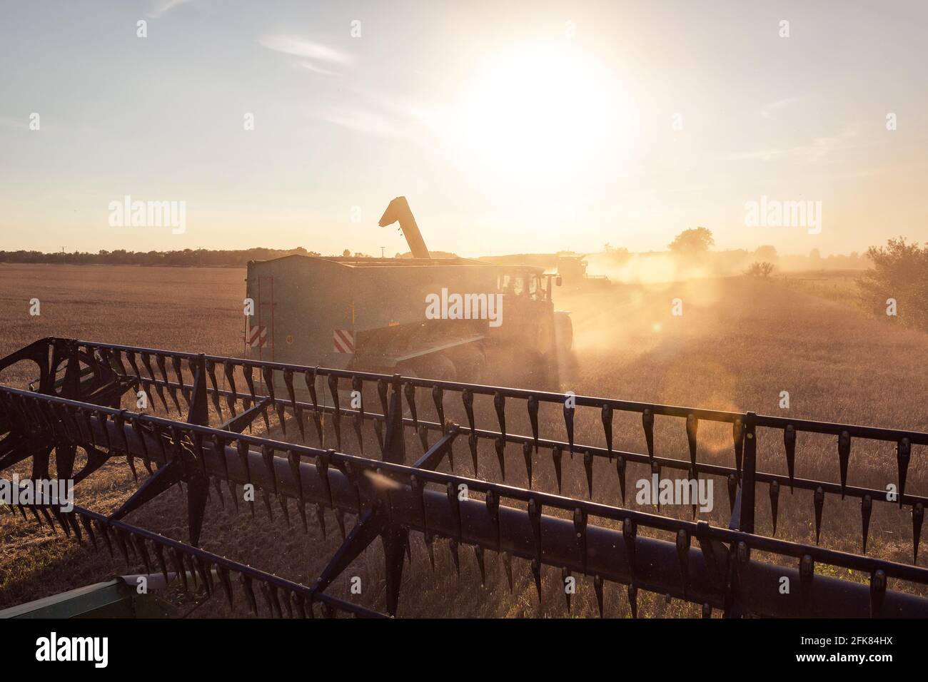 Tractor and combine harvester on a field during sunset Stock Photo - Alamy