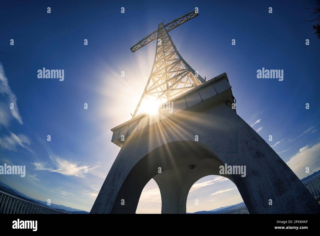 Wide angle shot of Steel Monument Cross. Low angle shot of Millennium ...