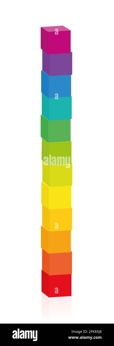 Colorful cube tower. Set of 12 colorful cubes sorted by rainbow colors ...