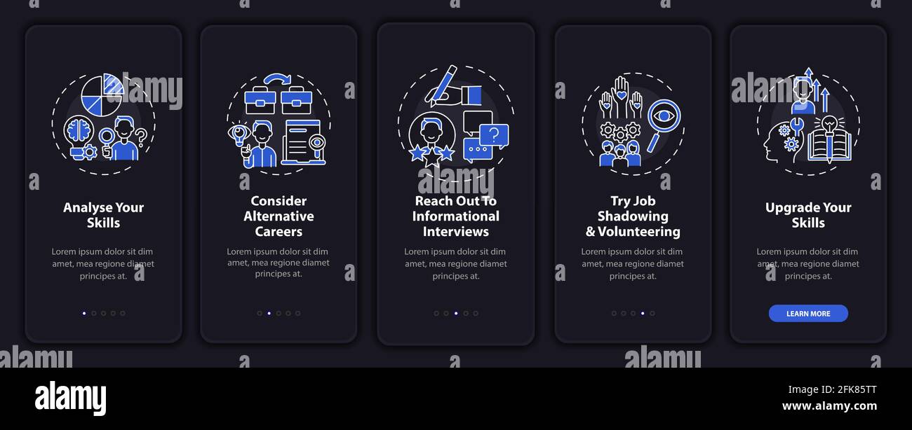 Career transition steps onboarding mobile app page screen with concepts ...