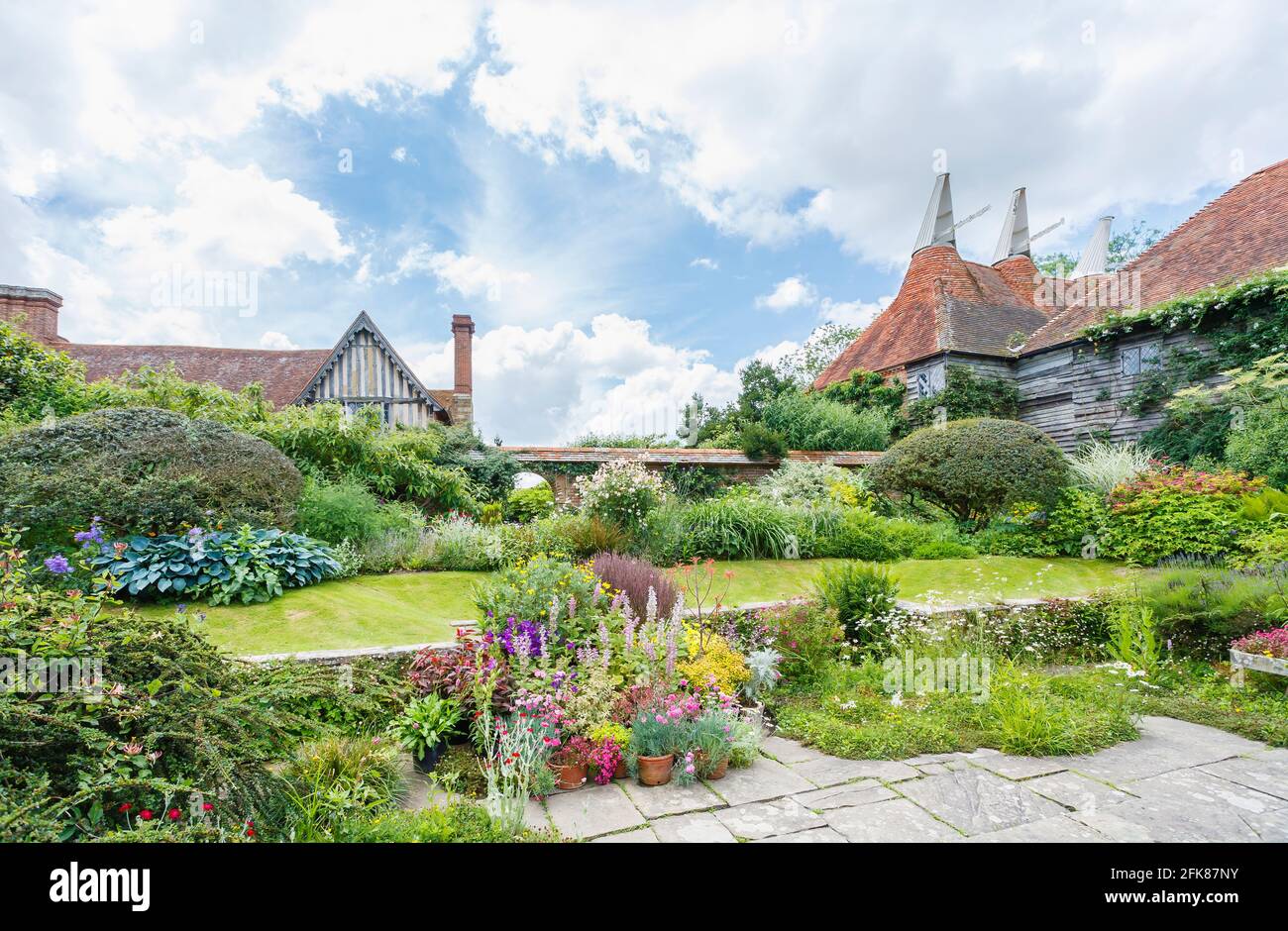 The Sunk Garden and oast houses at Great Dixter, Northiam, East Sussex, architect Edwin Lutyens ...