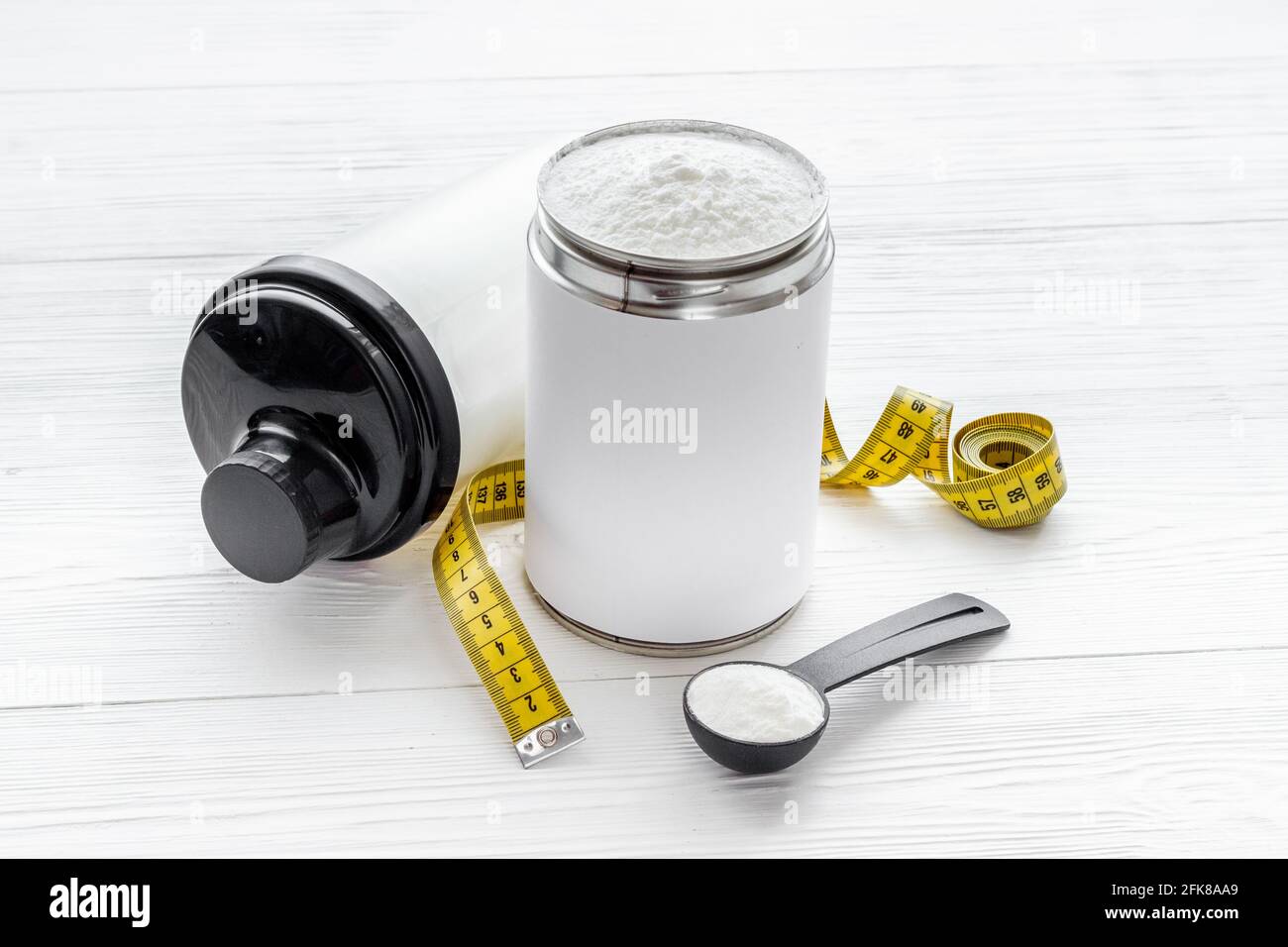 Sport nutrition - whey protein powder with tape measure. Top view Stock ...