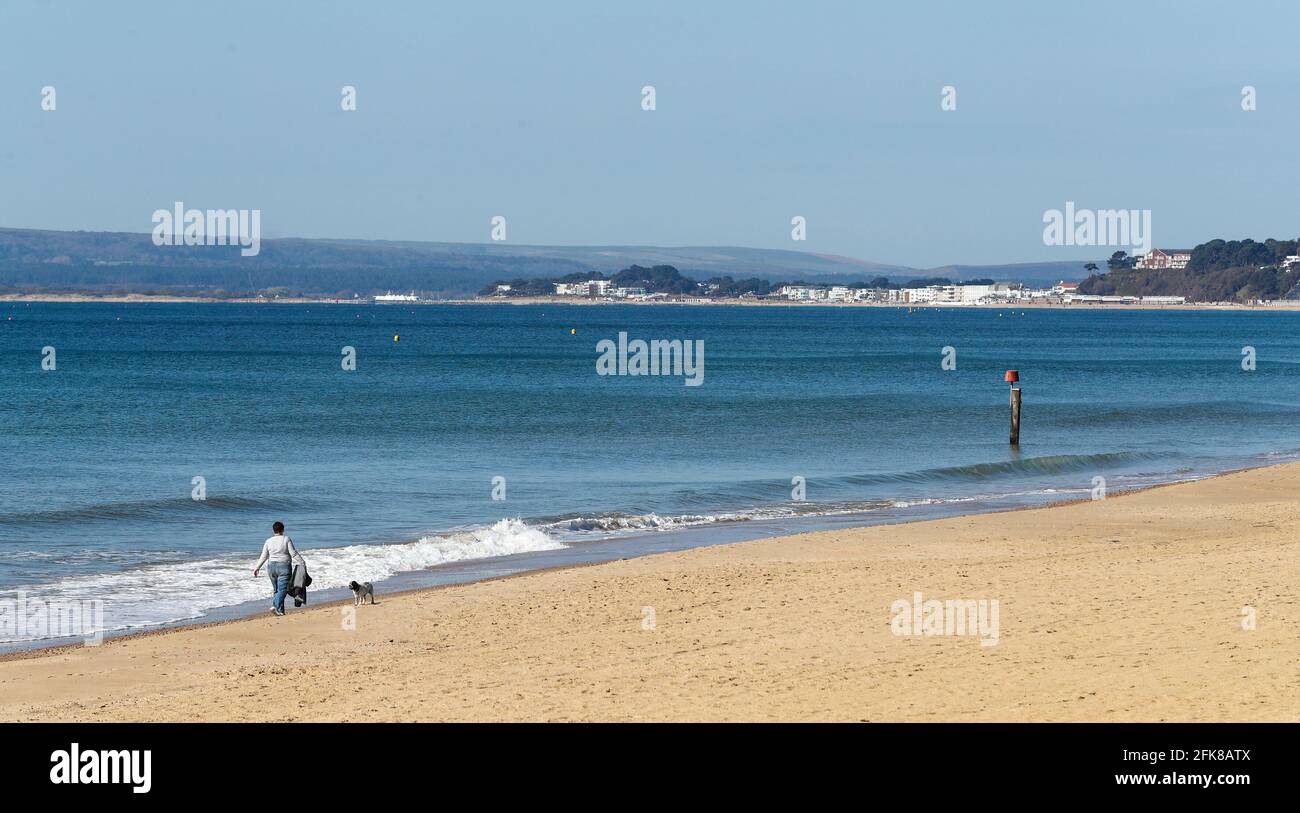 Bournemouth, UK. 29th April 2021. A lone dog walker takes advantage of ...