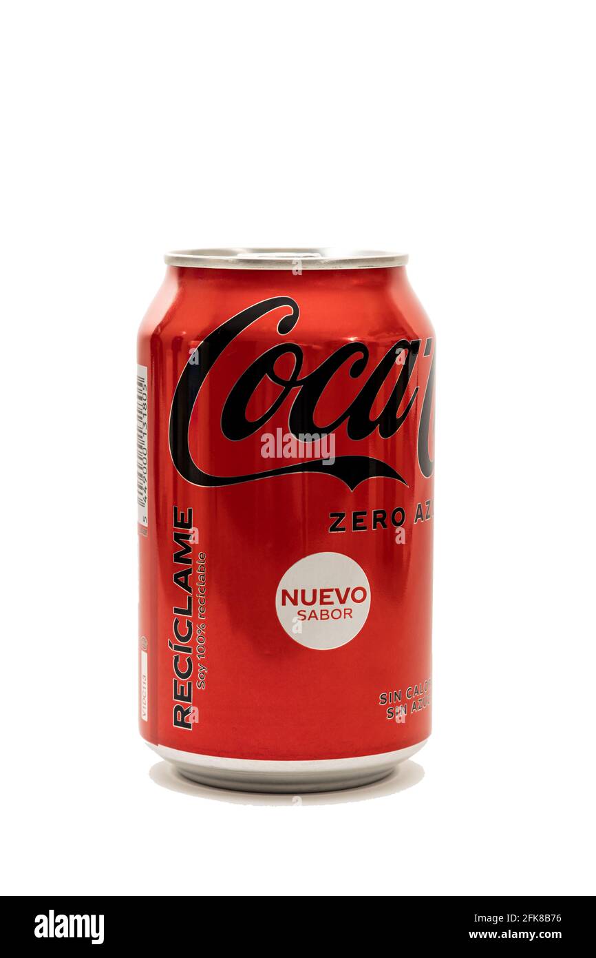 MADRID, SPAIN - Apr 28, 2021: Vertical shot of a red can with black ...