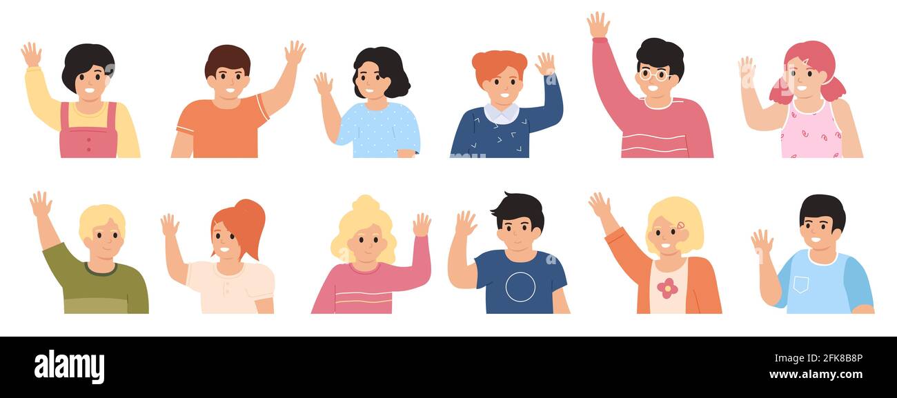 Kids waving hands. Cute children raising hands, cheerful little boys ...