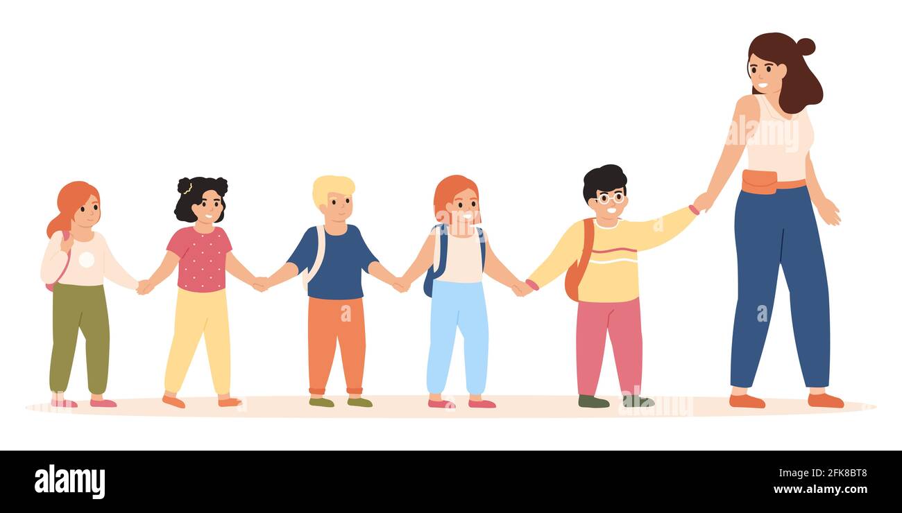 Kids following teacher. Kindergarten teacher takes children to class or ...