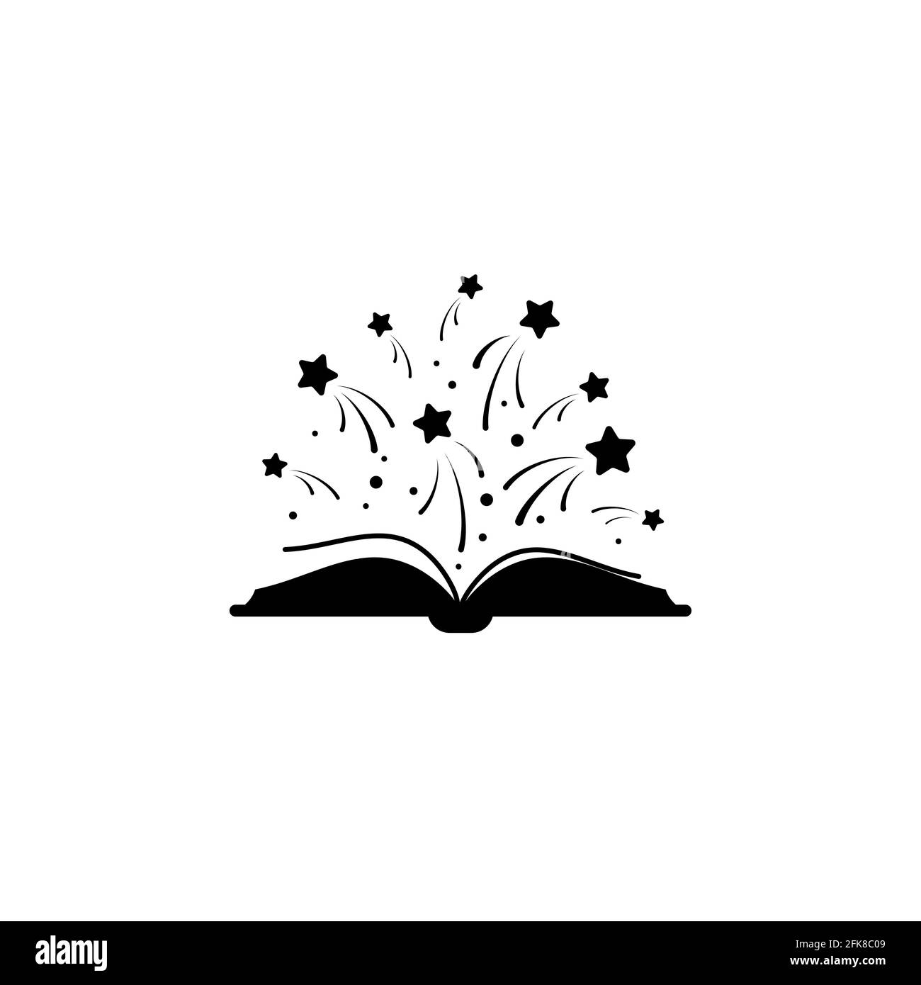 Open book with thick book cover and black soft stars flying out ...