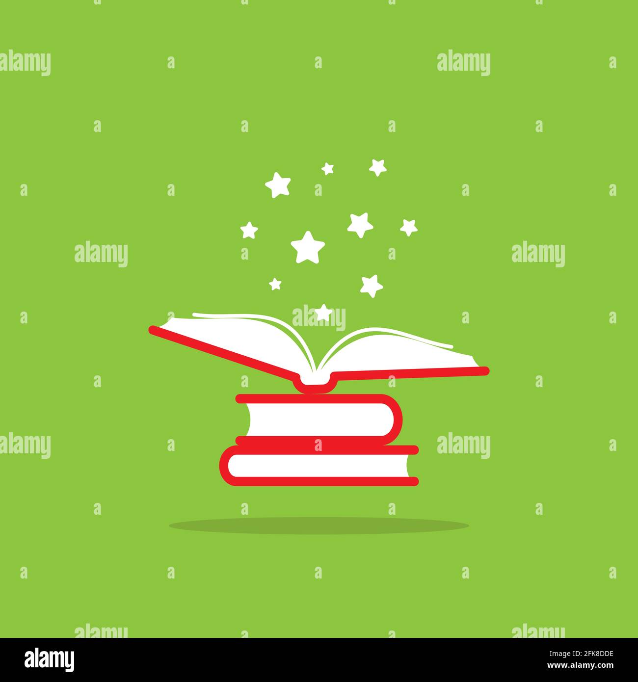 stack of red books and open book with white stars flying out. Isolated ...