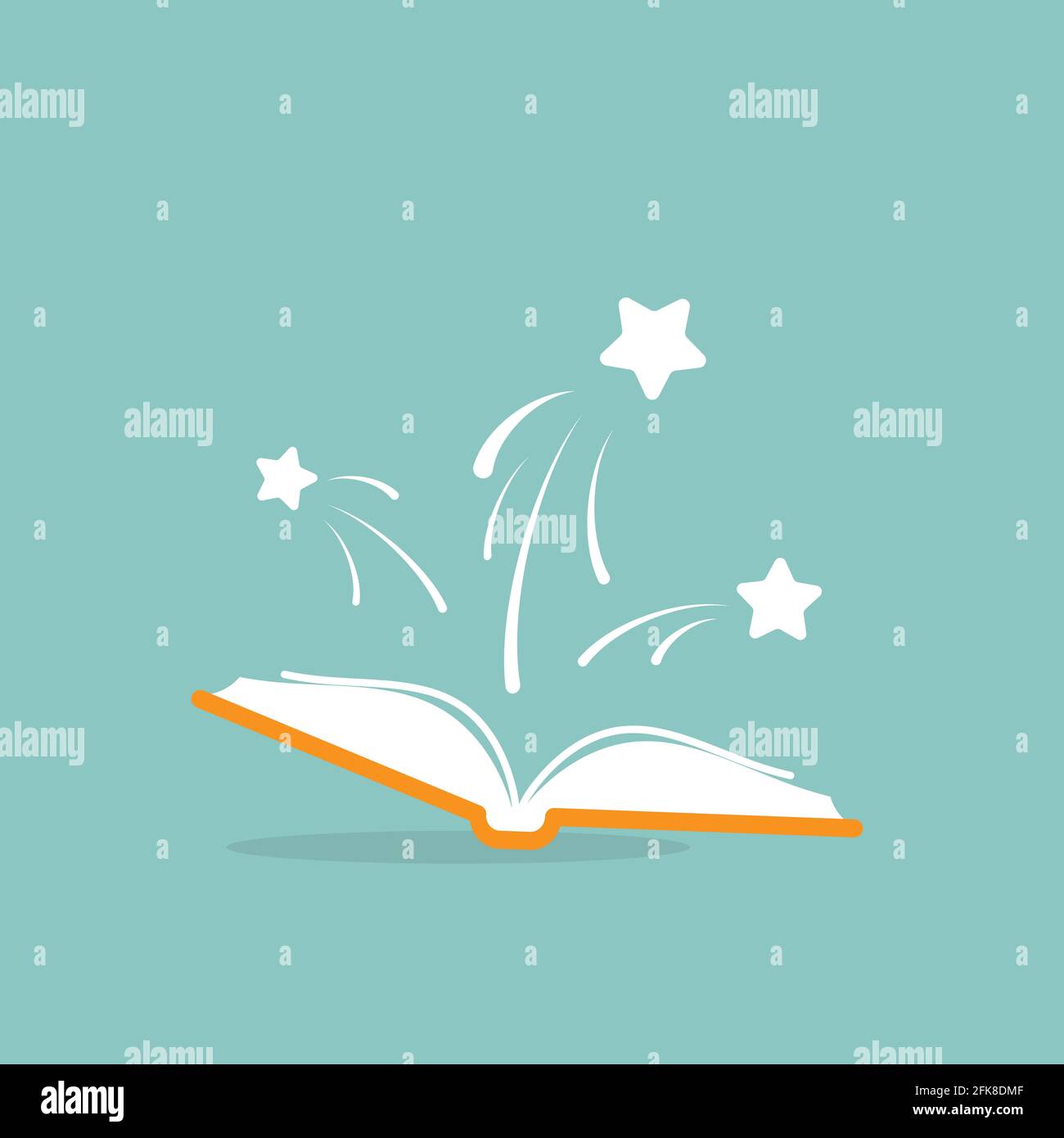 Open book with white stars flying out. Isolated on powder blue ...