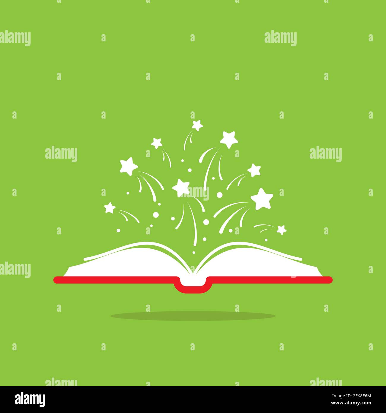 Open book with red book cover and white stars flying out. Isolated on ...