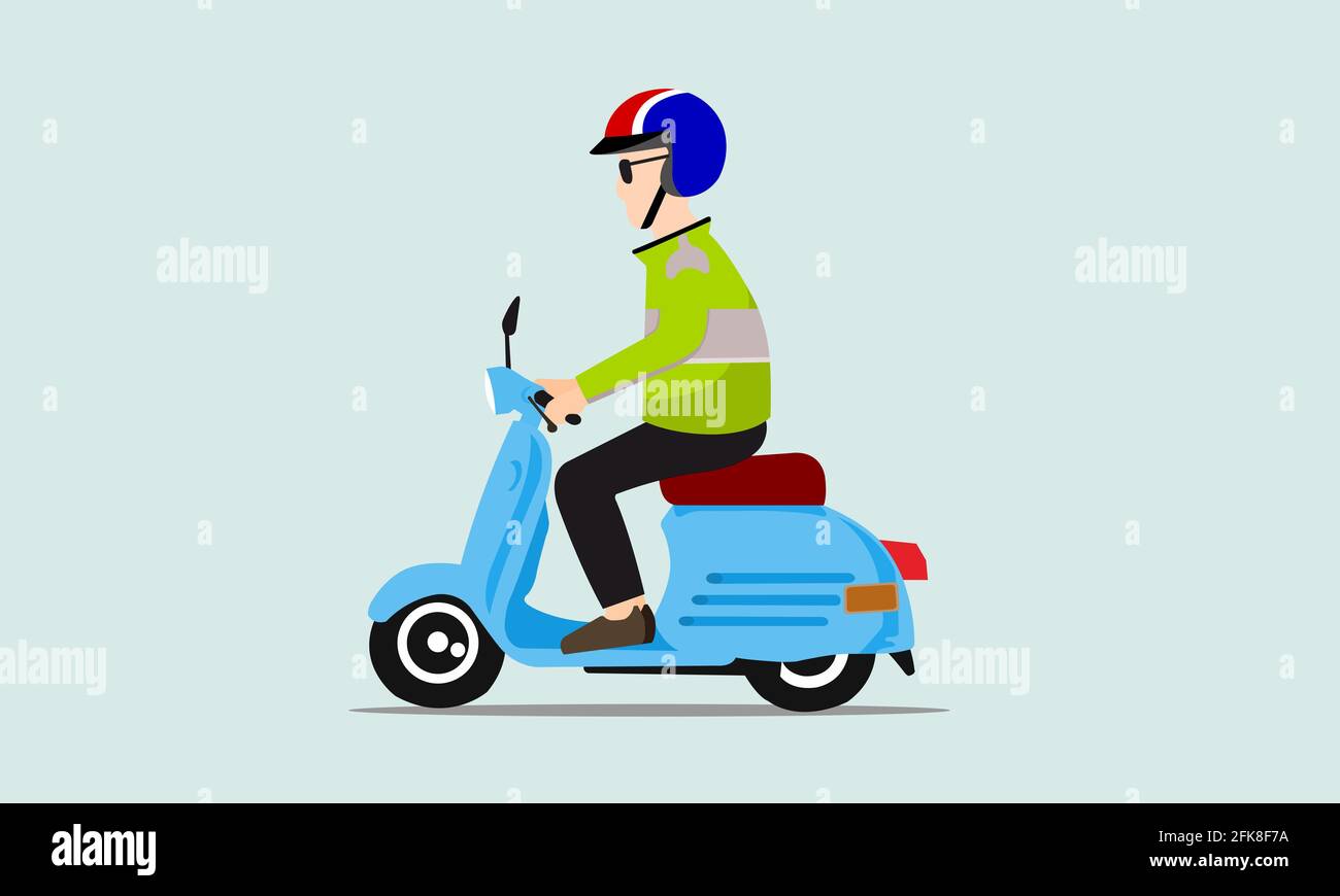 Man riding motorcycle wearing helmet. Cool blue vintage scooter Stock ...
