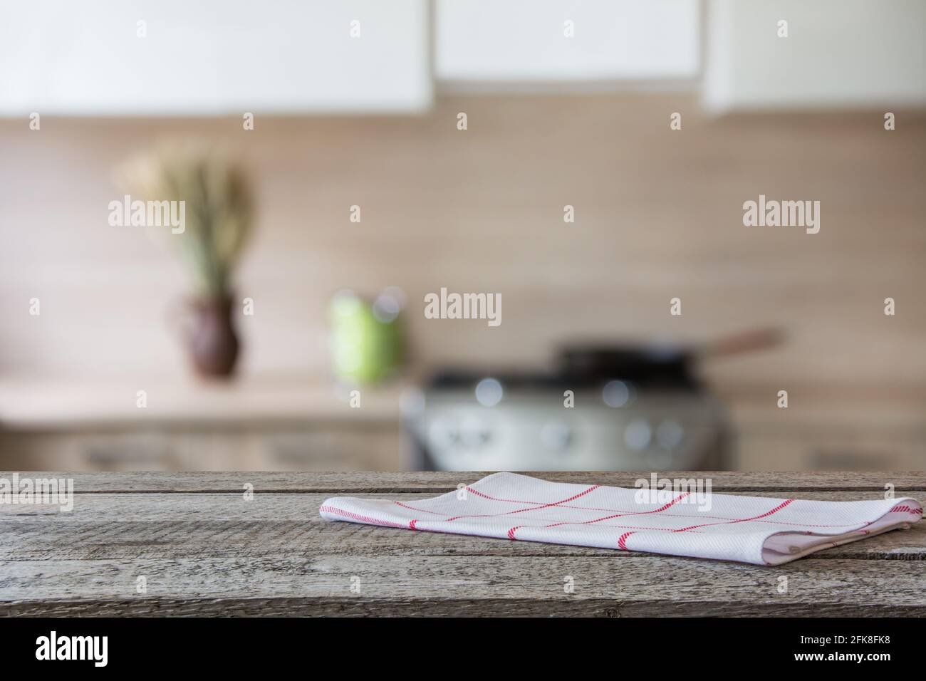 Blurred background. Rustic kitchen with wooden tabletop and space for ...
