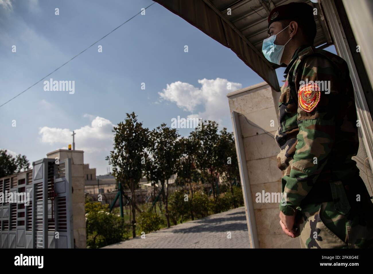 Security checkpoint at the entrance of the Chaldean Church of Erbil, a ...
