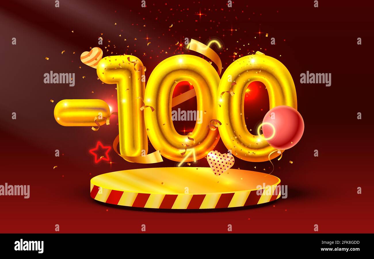 100 Off. Discount creative composition. 3d Golden sale symbol with ...
