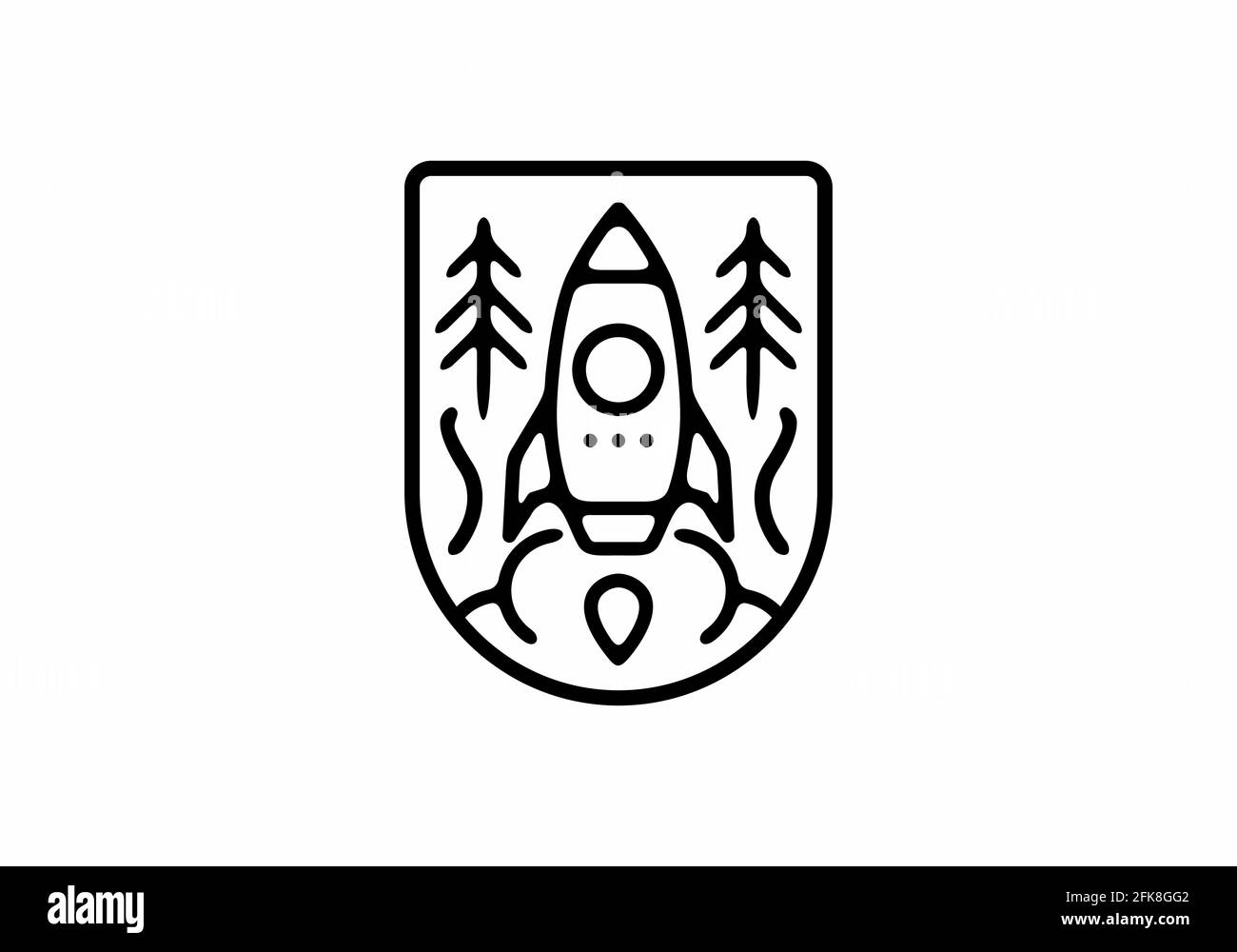 Black line art illustration of rocket in half oval shape design Stock ...