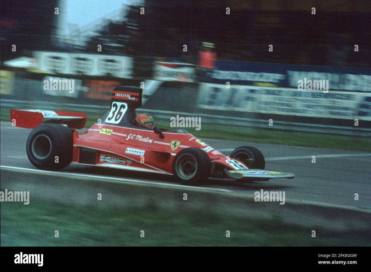 Gian-Carolo Martini in the Ferrari 312T F1 car during practice for the ...