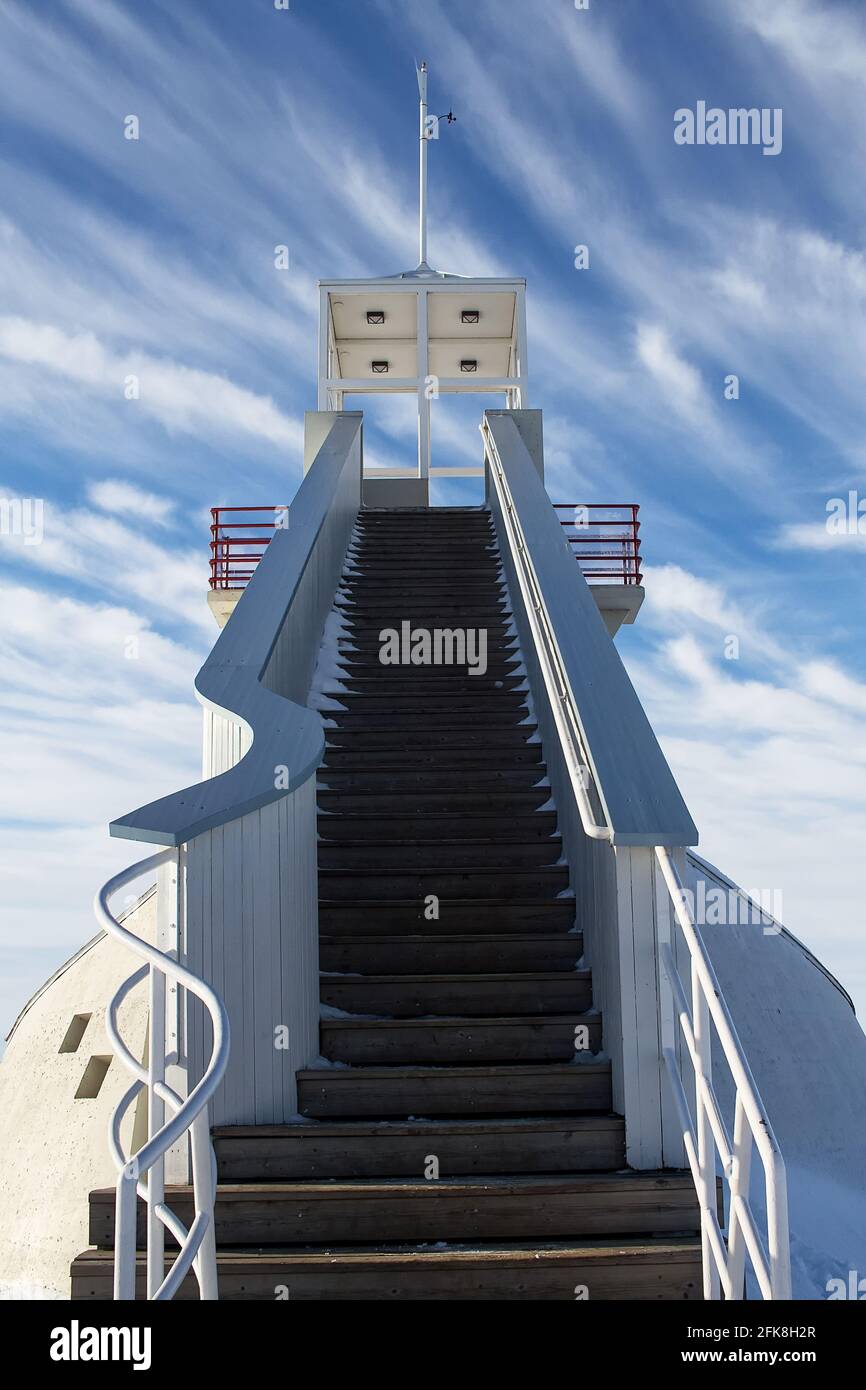 The wooden steps lead to the top of an old lighthouse at Oulu, Finland ...