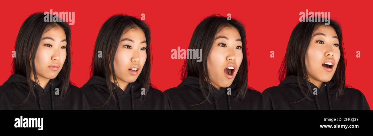 Development of emotions of young Asian girl isolated on red background ...