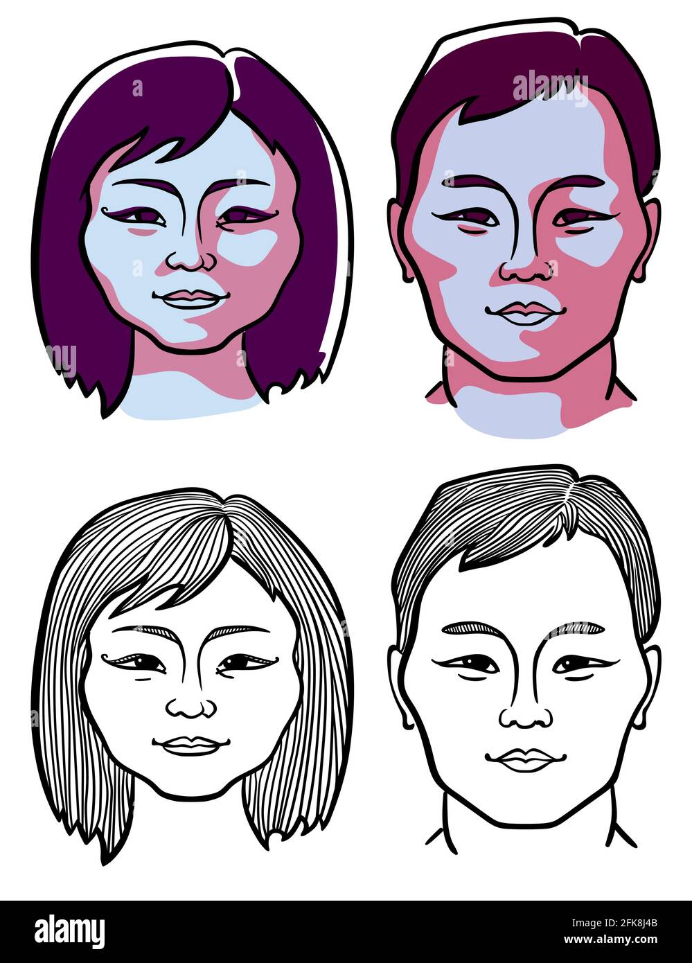 Male and female faces of the people of the north. Two options: black ...