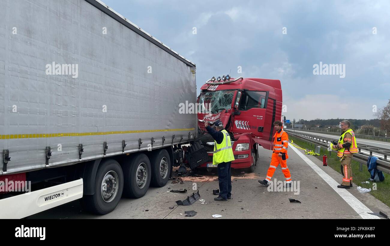 29 April 2021, Brandenburg, Fürstenwalde: View of the accident scene ...