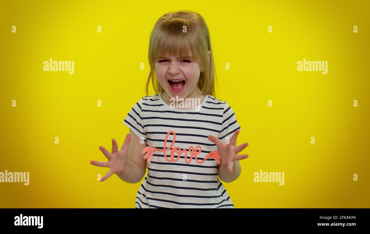 Unhappy frustrated annoyed kid child raising hands, quarreling, asking ...