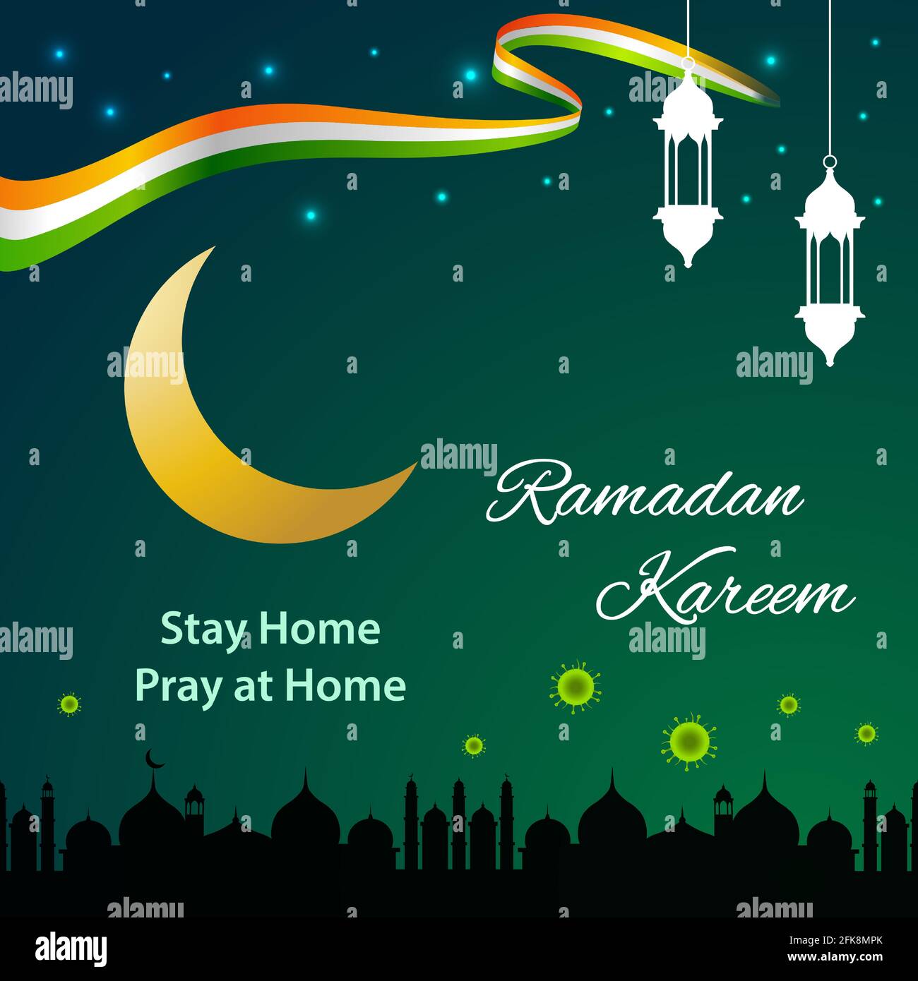 Ramadan Kareem greeting banner. Background with a message of 'Stay Home ...