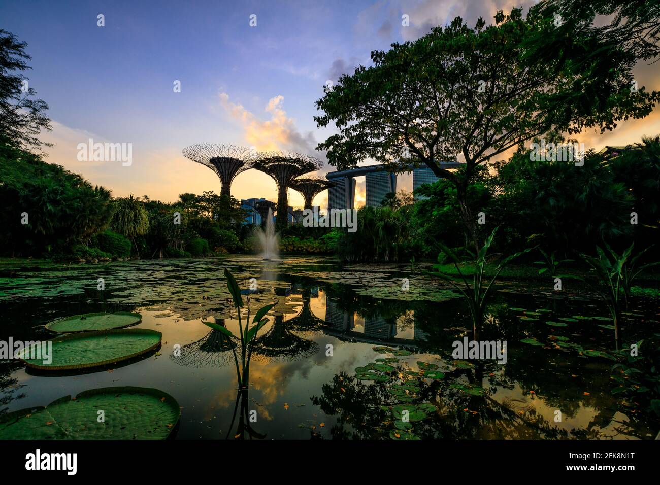 Singapore - April 29, 2018: twilight skyline of Gardens by the Bay with ...