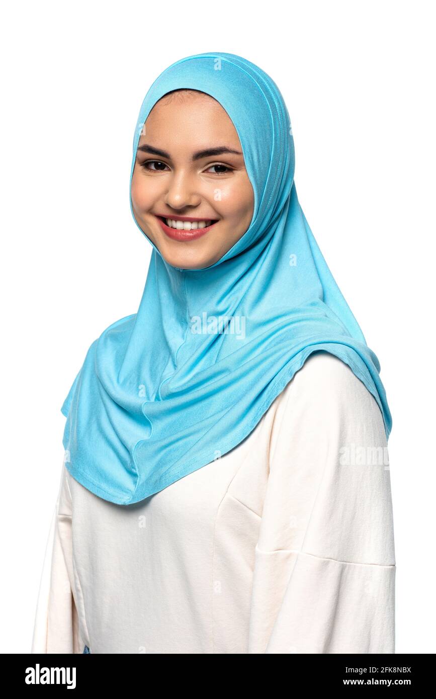 Portrait of arabian woman smiling at camera isolated on white Stock ...