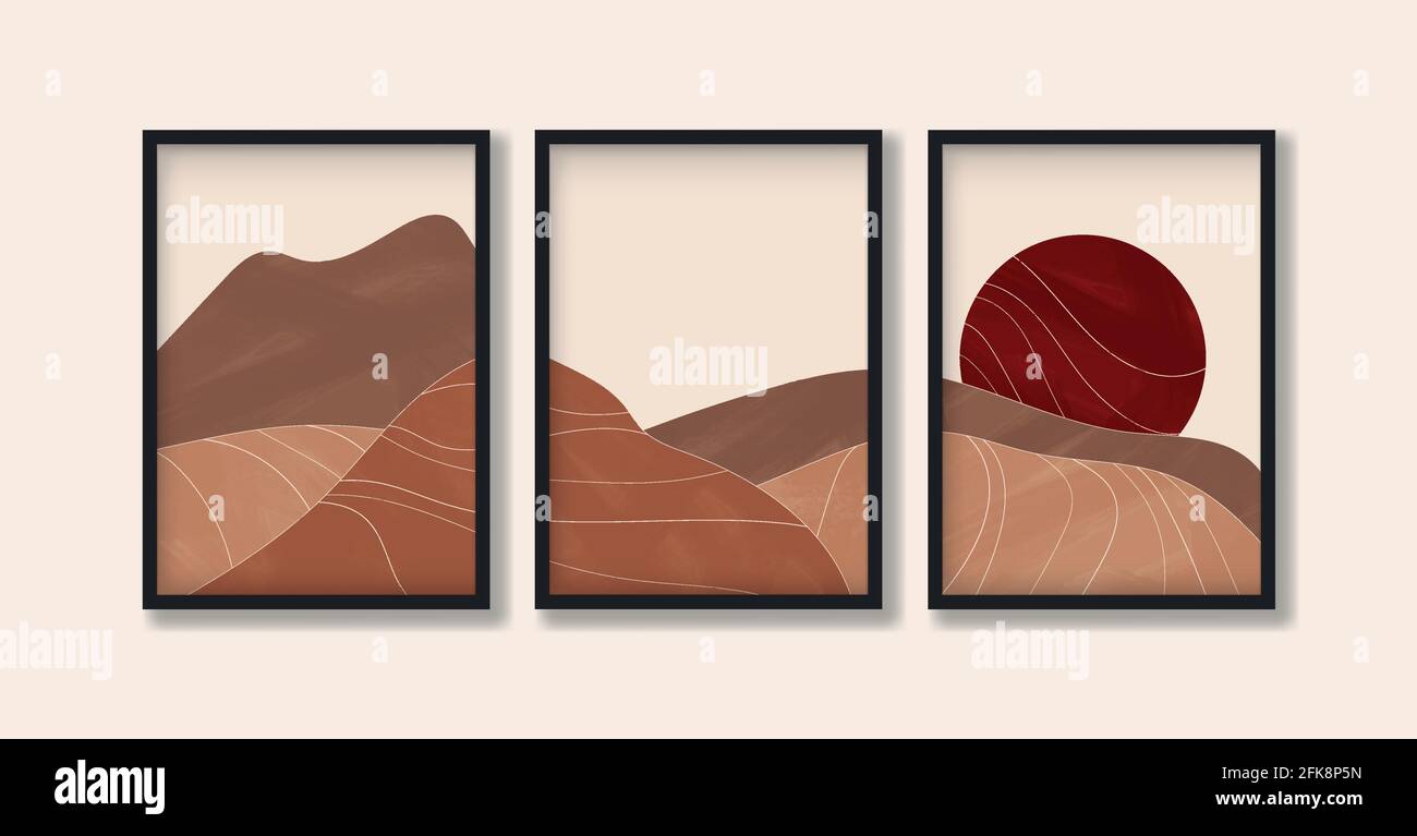 Desert landscape with sun in earth tones in boho style. Modern abstract triptych artwork for ...