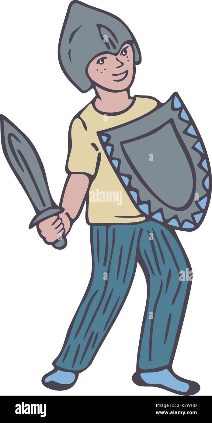 Vector illustration of little boy is wearing toy armor. Boy with toy ...