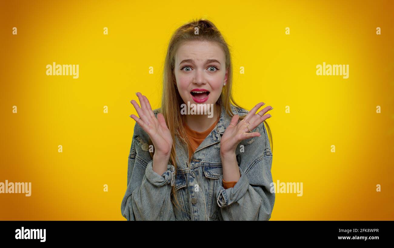 Scared girl screams from stress tension problems feels horror ...