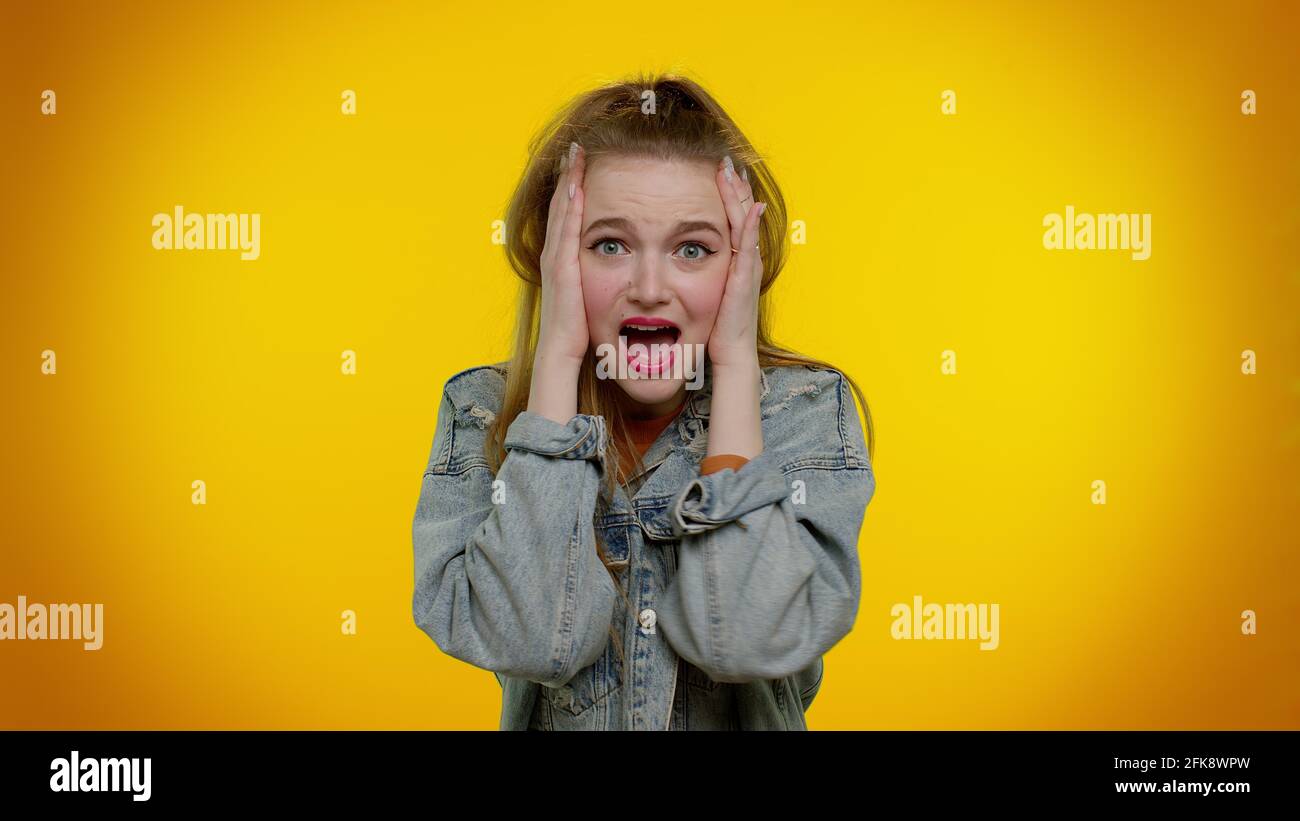 Scared girl screams from stress tension problems feels horror ...