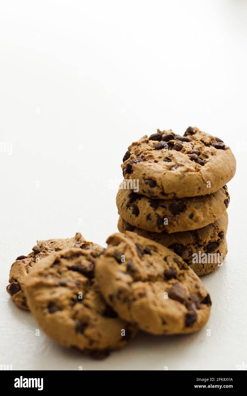 Stack of chocolate chip cookies on white background, isolated, dessert ...