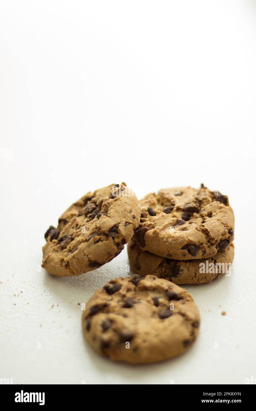 Stack of chocolate chip cookies on white background, isolated, dessert ...