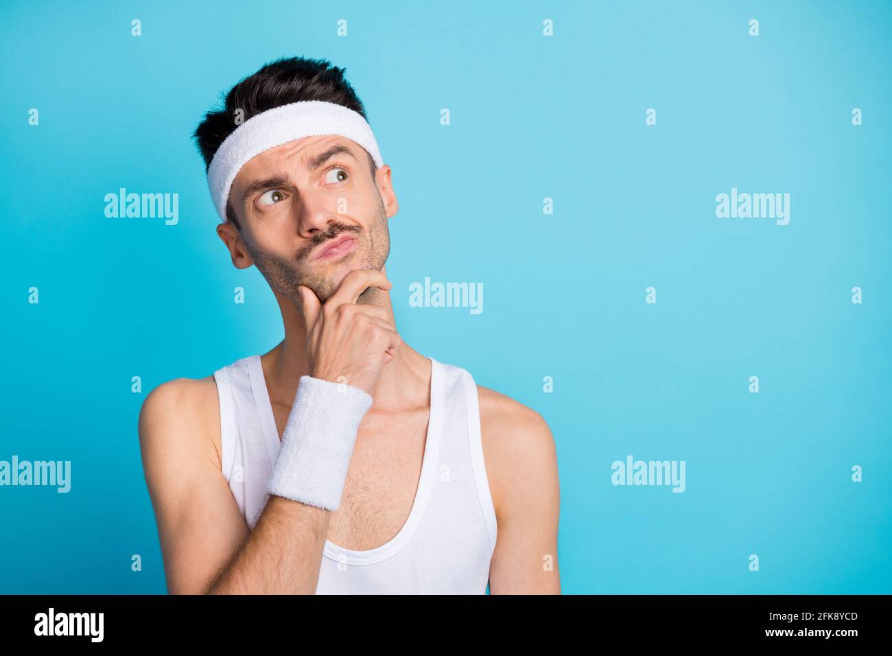 Photo of minded smart man hold hands chin look stand empty space ...