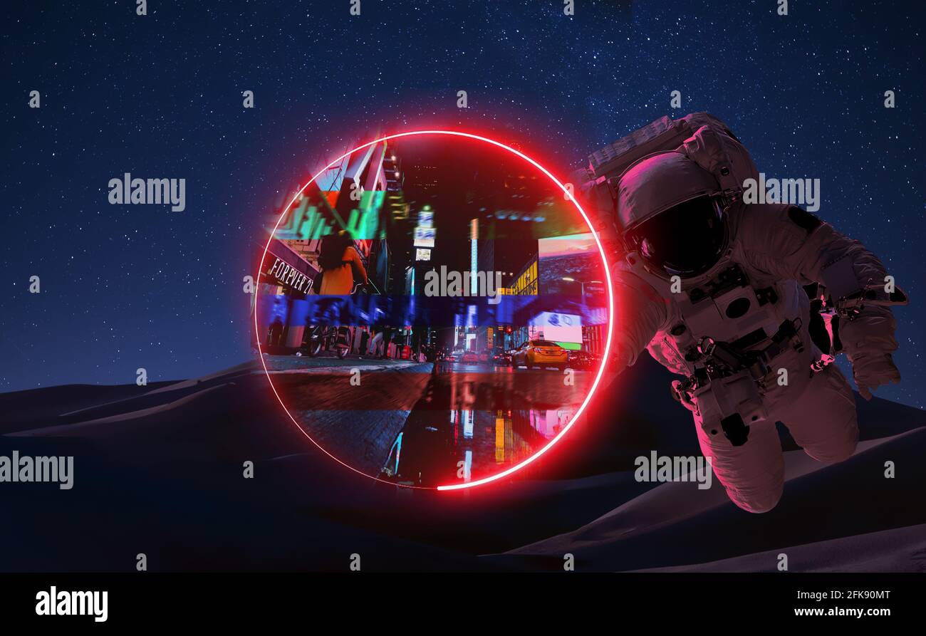 The planet Mars. Fantastic landscape Space sky, reflection of neon ...