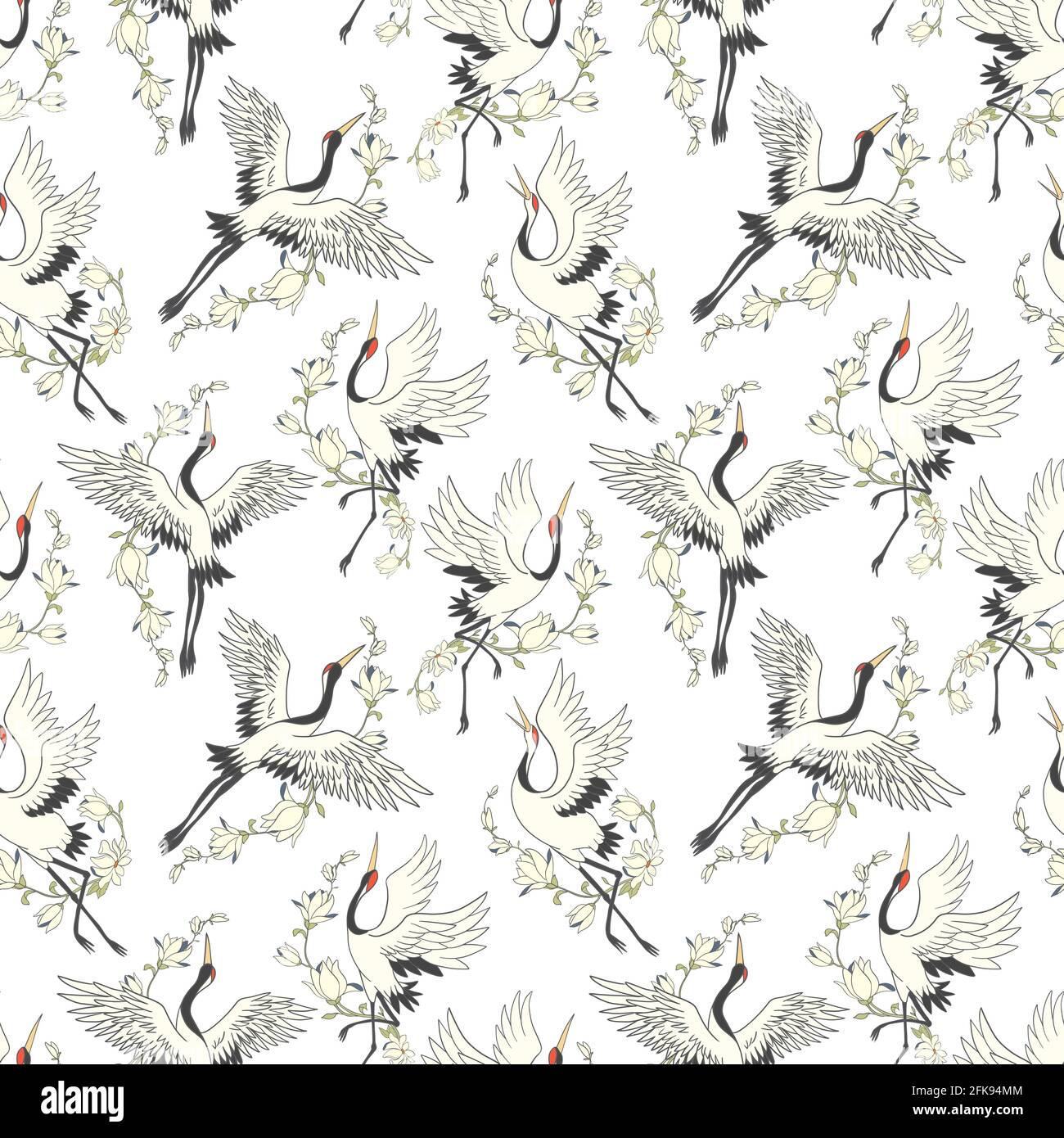 Seamless pattern with flowers and white Japanese cranes. Vector ...