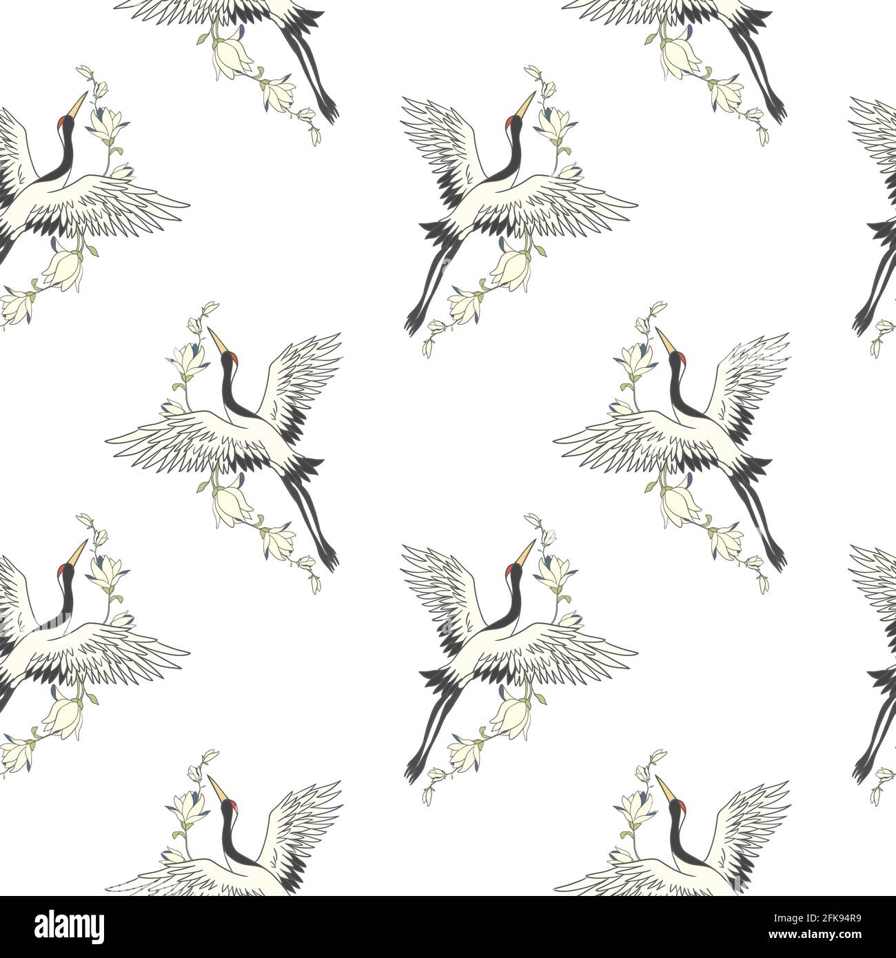 Seamless pattern with flowers and white Japanese cranes. Vector ...