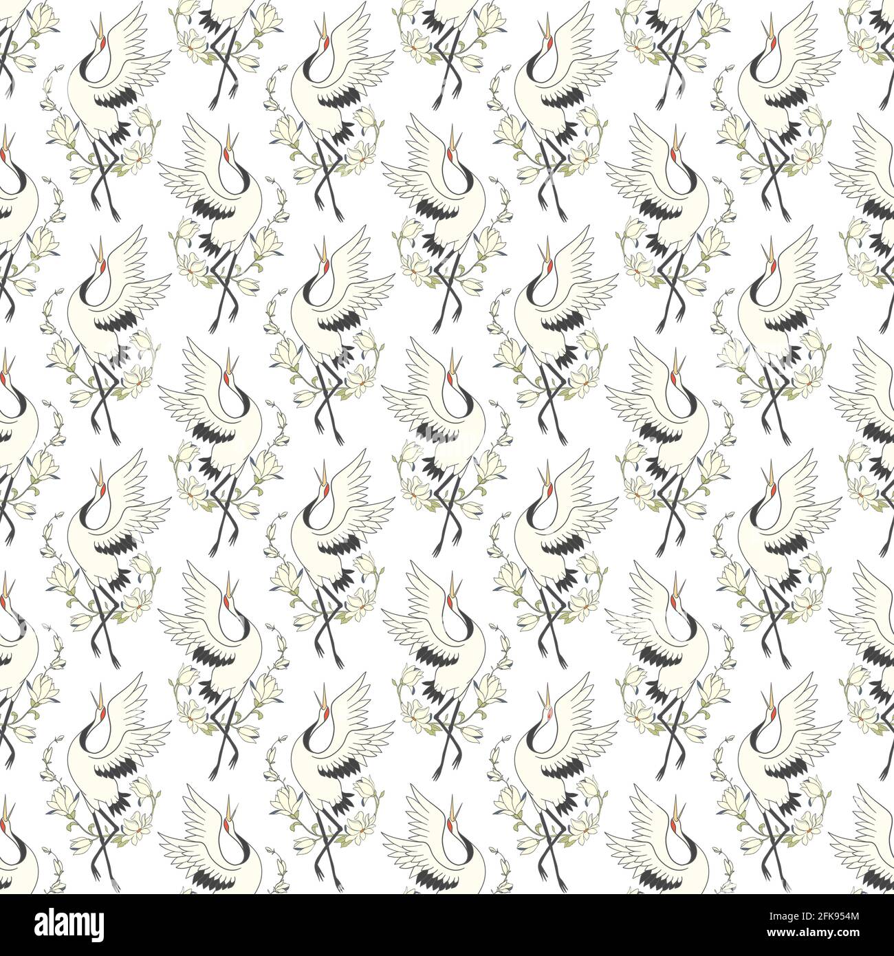 Seamless pattern with flowers and white Japanese cranes. Vector ...