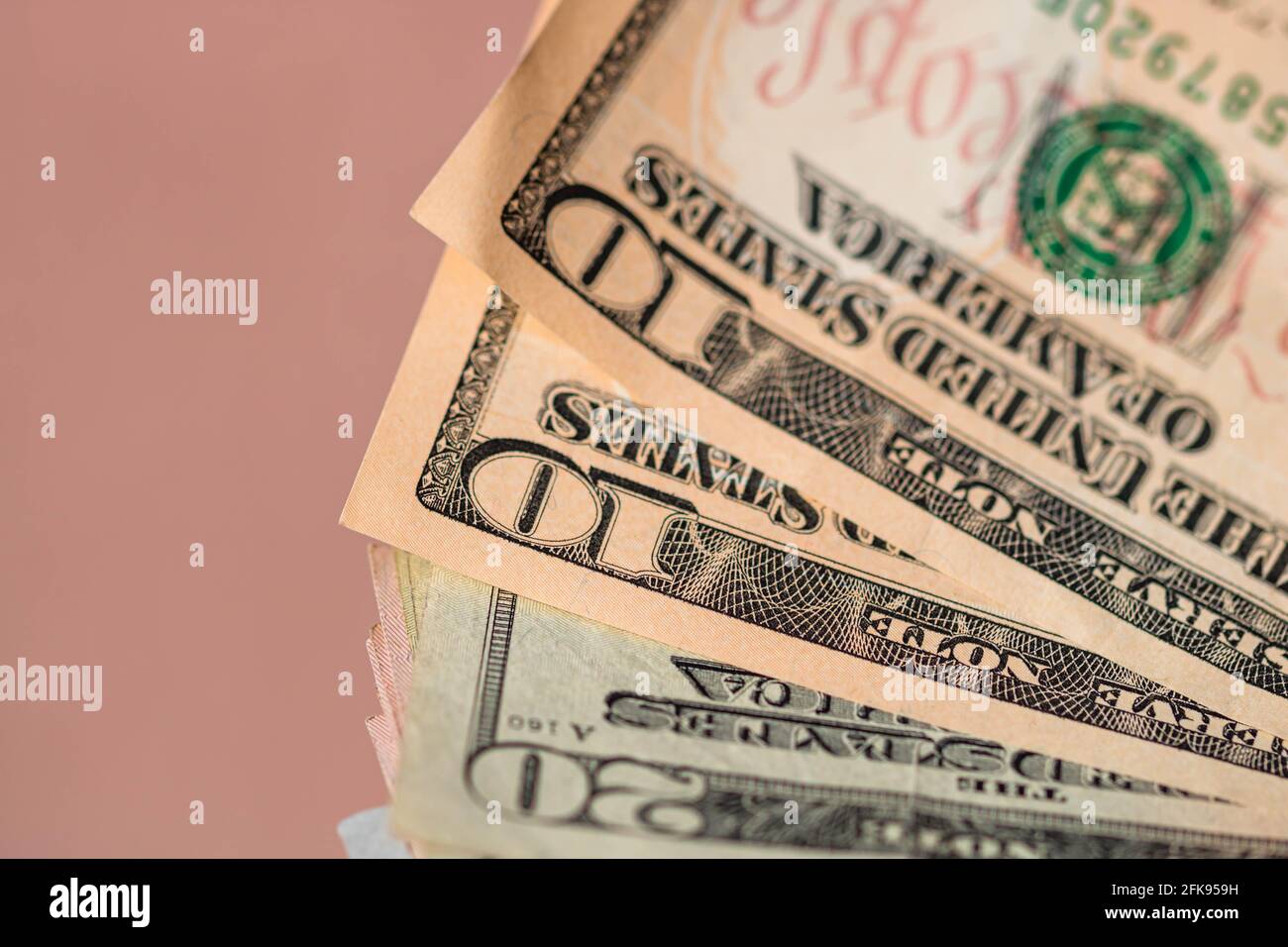 Selective focus on detail of USD banknotes. Counting or giving United ...