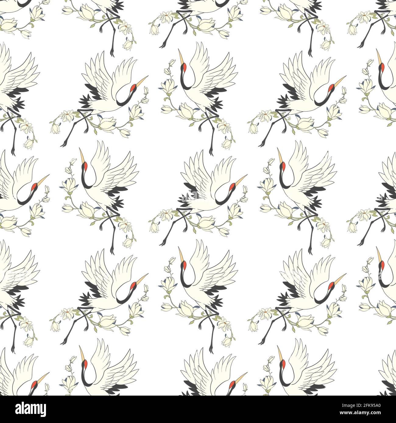 Seamless pattern with flowers and white Japanese cranes. Vector ...